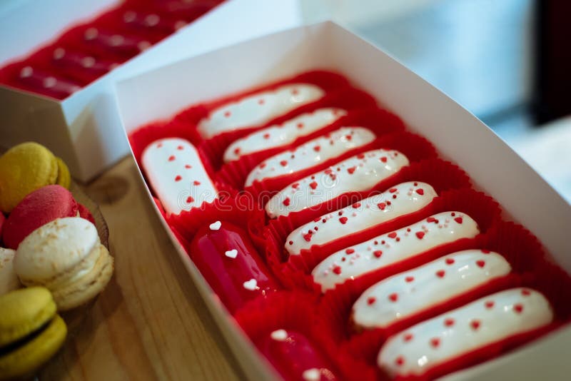 Red and White Cream Choux Pastry in a Red Paper Box in Boxes, Macaron ...