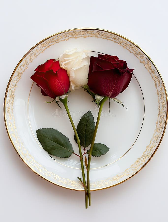 Red, White, and Dark Red Roses on Plate Stock Photo - Image of still ...
