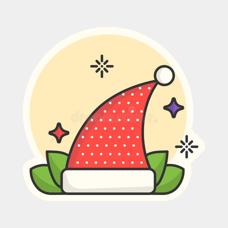 Red and White Decorative Santa Cap with Leaves Sticker Style on White ...