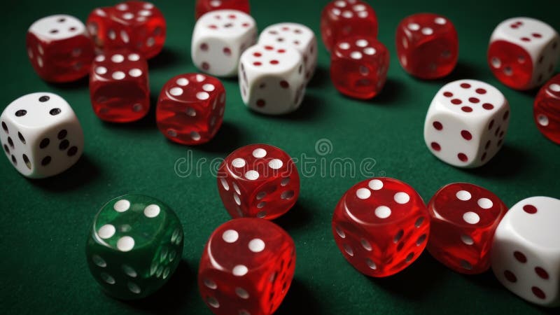 Red and White Dice Spreading Randomly on Green Felt Table Top Stock ...