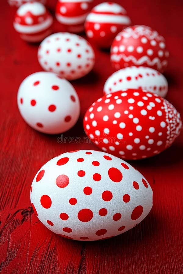 Red and White Easter Eggs on Red Wood, Easter Eggs with Polka Dot ...