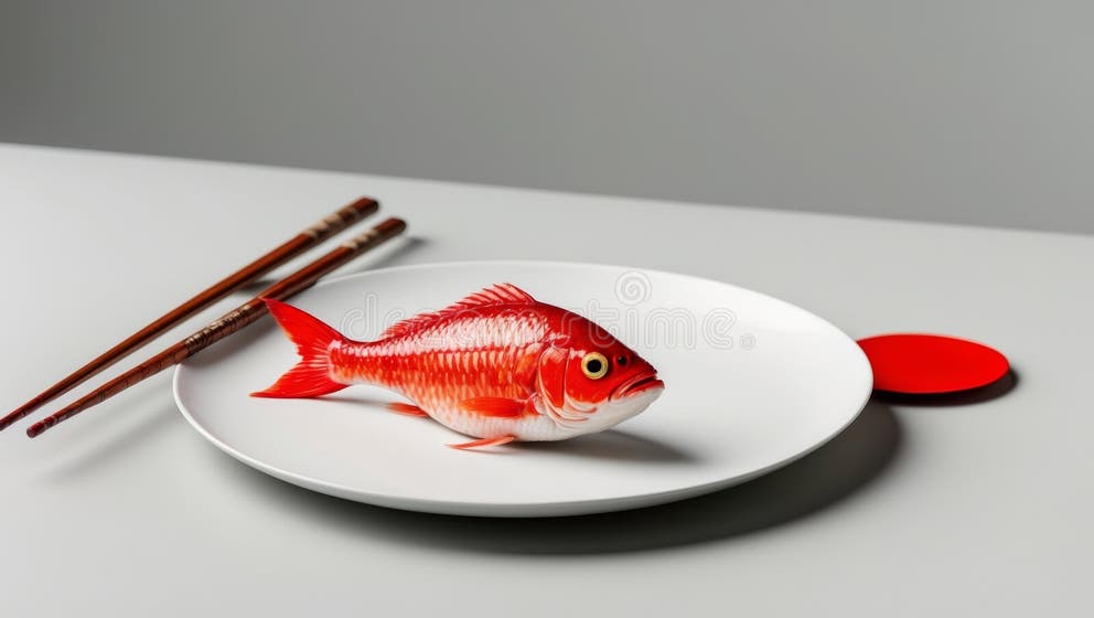 Red and White Fish on Plate with Chopsticks and Red Disc. Stock Image ...