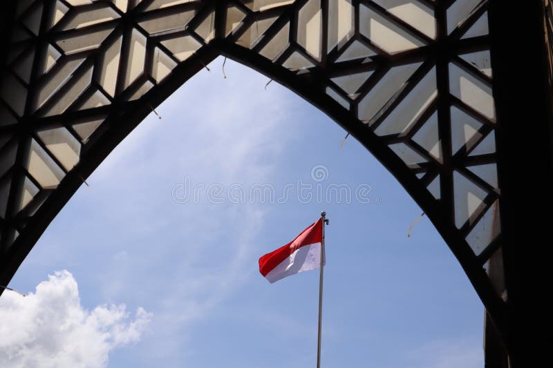 The Red and White Flag Fluttered in the Clear Sky Stock Photo - Image ...