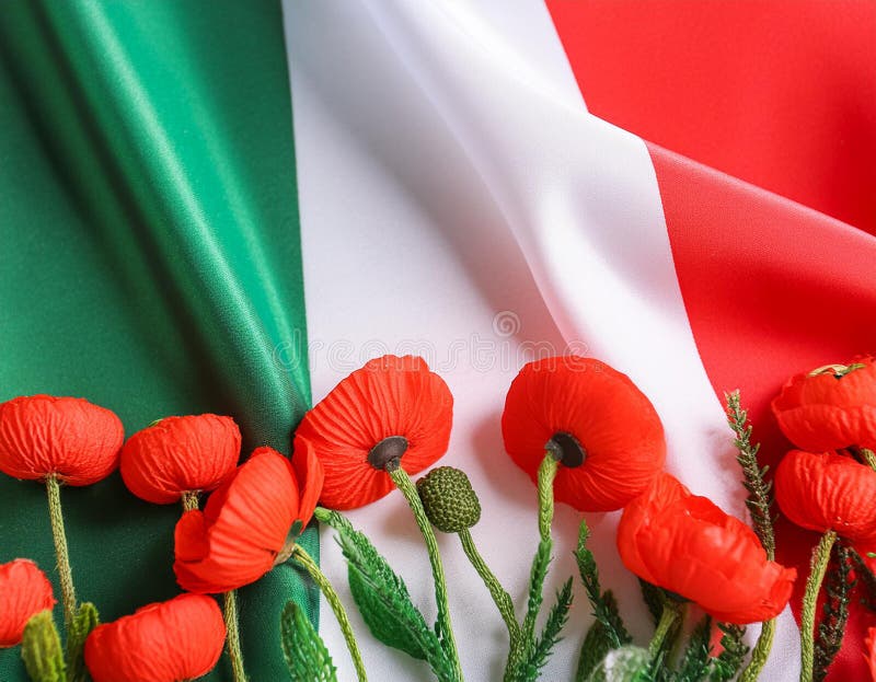 A Red and White Flag with a Green Border and a Bunch of Red Flowers on ...