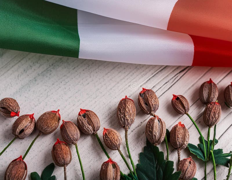 A Red and White Flag with a Green Border and a Bunch of Red Flowers on ...