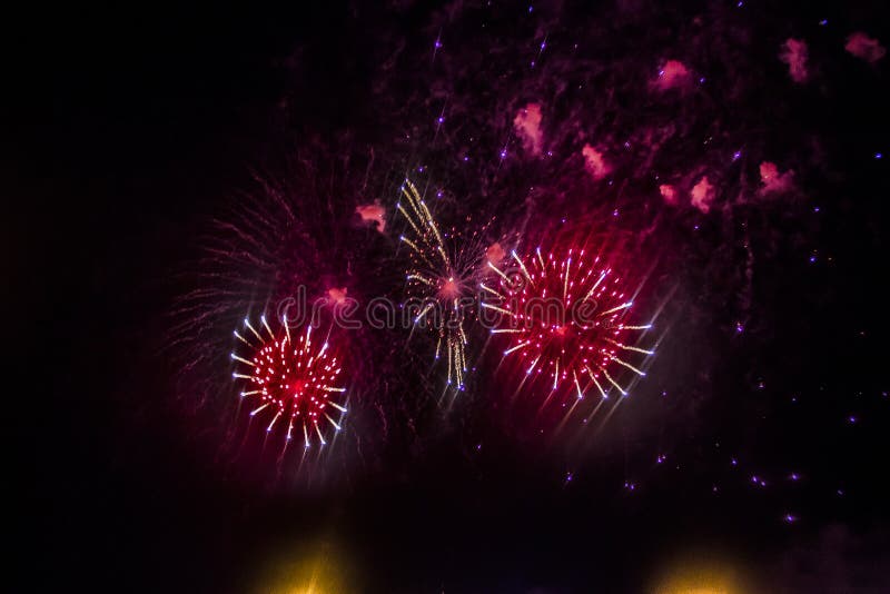Red and White Flares in the Night Sky on Holiday Stock Photo - Image of ...