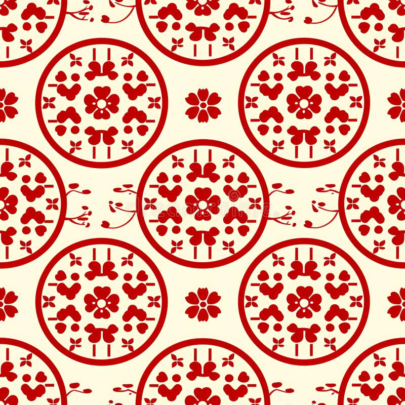 Red and White Floral Pattern with Circular Designs Stock Illustration ...