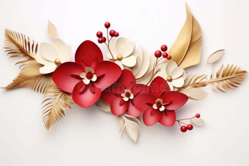 A Red and White Flower Arrangement with Leaves and Berries Stock ...