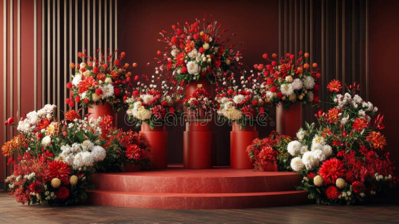 Red and White Flower Arrangement on Red Stage Stock Illustration ...