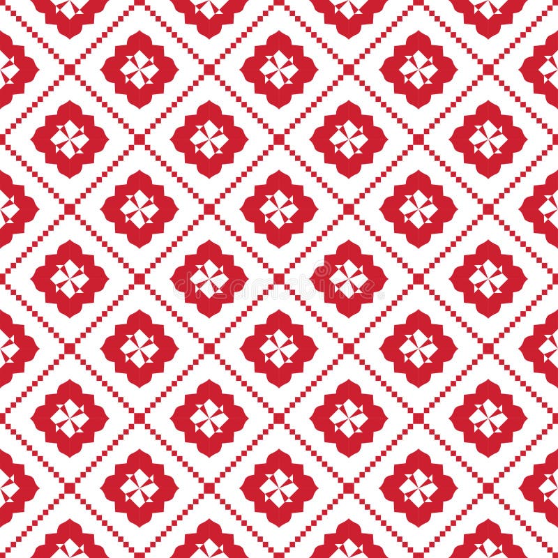Red on White Geometric Tile with Diamond Line Seamless Repeat Pattern ...