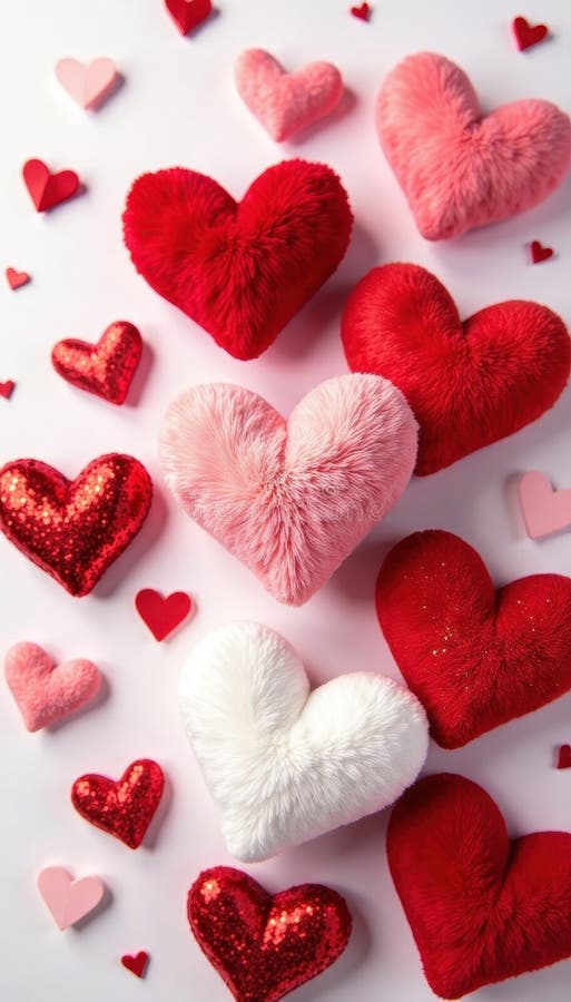 Red White Glittery Heart Plush Assortment White Background , Surface ...