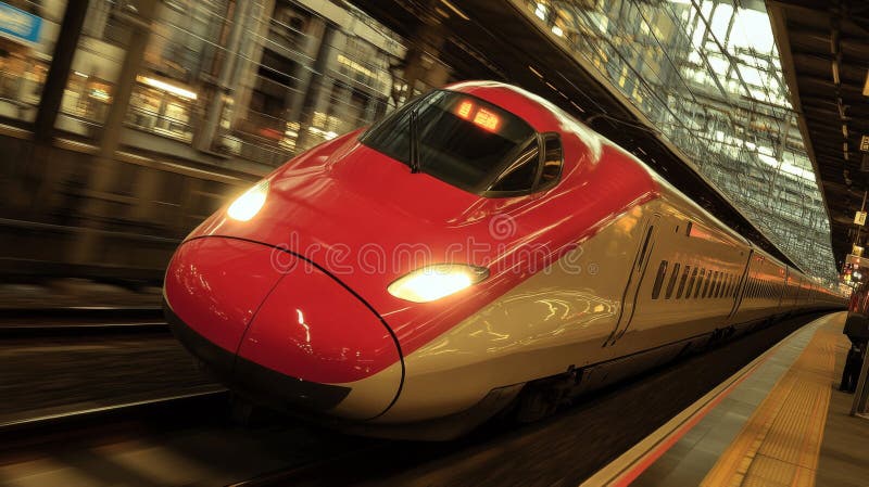 Red and White High Speed Train Traveling through Station Stock ...