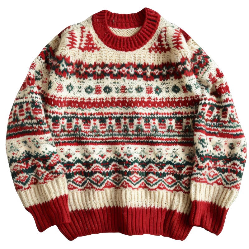 Red and White Knit Sweater with Green and Red Geometric Pattern Stock ...