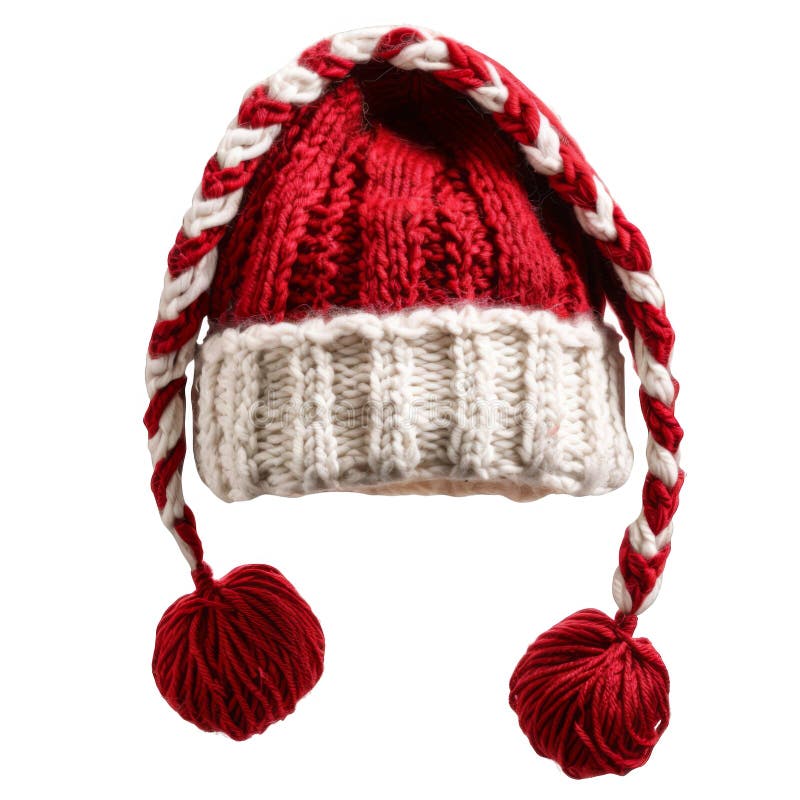 Red and White Knitted Hat with Braided Tails and Pom Poms Stock Image ...