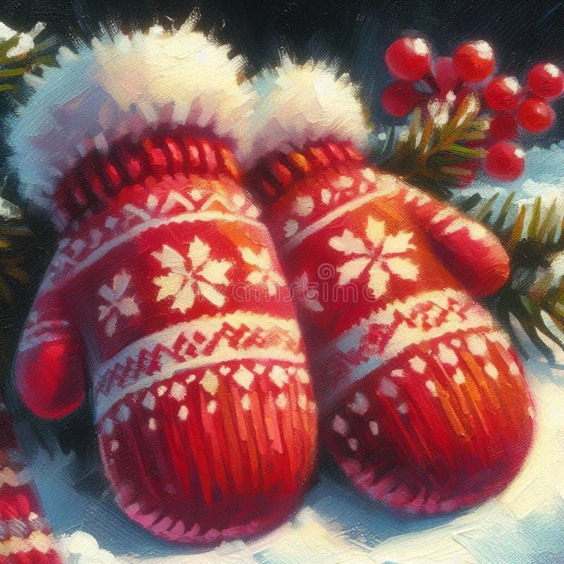 Red and White Knitted Winter Mittens Stock Illustration - Illustration ...