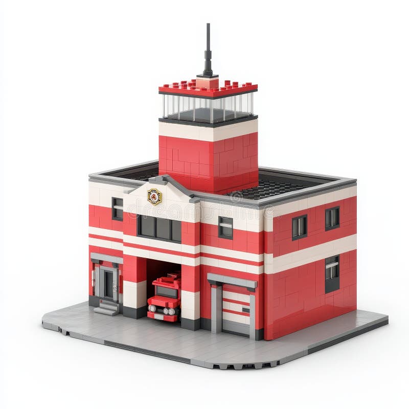 A Red and White LEGO Fire Station Model with a Tower and a Fire Truck ...