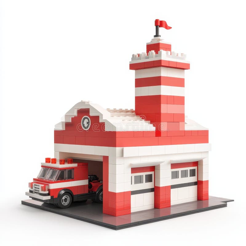A Red and White LEGO Fire Station with a Fire Truck Parked Inside Stock ...