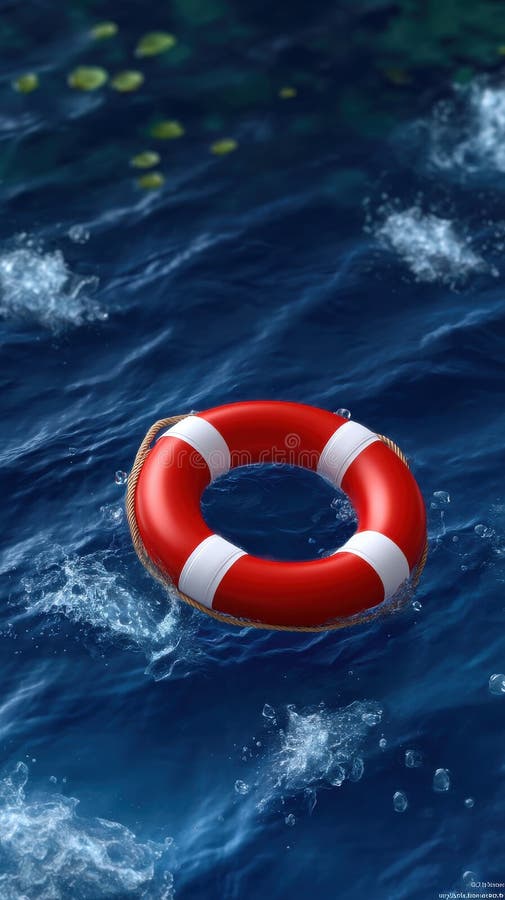 A Red and White Life Preserver Floating in Deep Blue Water with Small ...