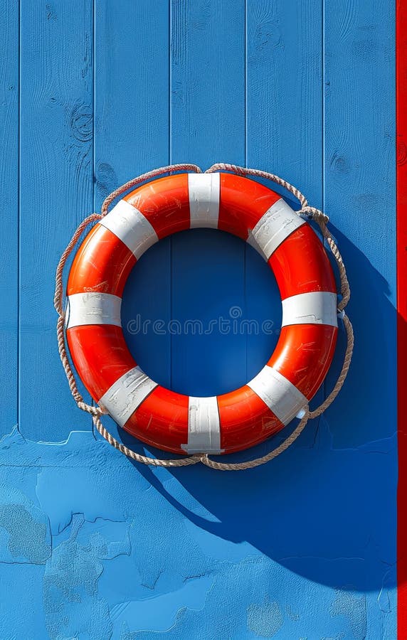 A Red and White Life Preserver is Hanging on a Blue Wall. the Life ...