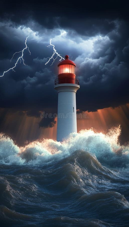 A Red and White Lighthouse Beams Light Over a Stormy Sea Under a Night ...