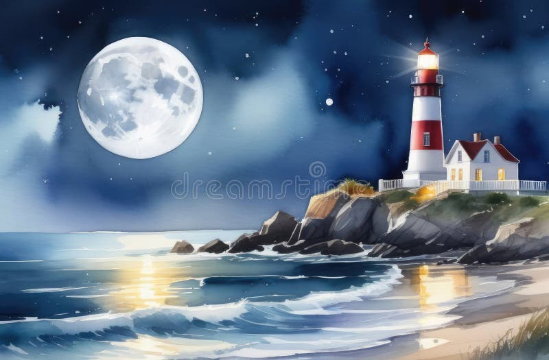 Red and White Lighthouse on Coast, Guiding Ships with Its Light at ...