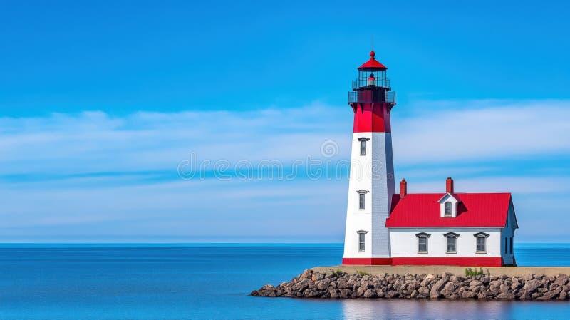 A Red and White Lighthouse on a Rock in the Middle of Water, AI Stock ...