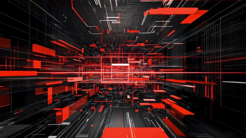 Red and White Lines, Blocks in 3D Black Space, Creating Technological ...