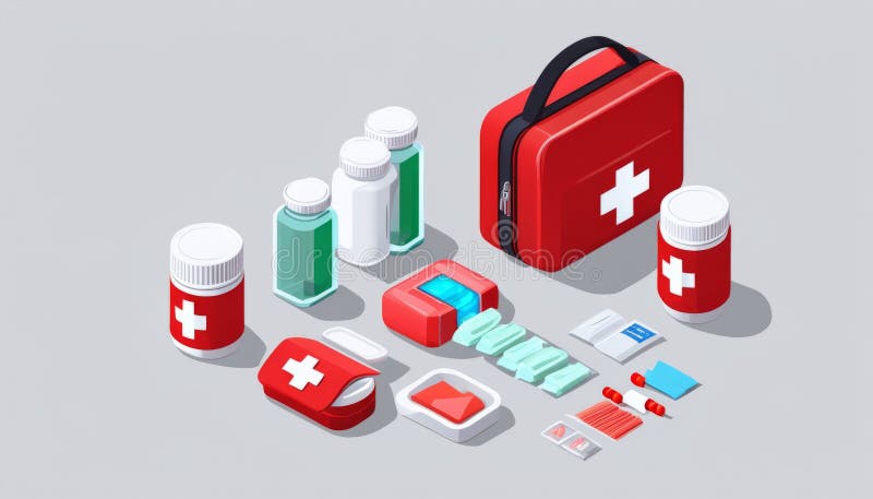 A Red and White Medical Kit with Various Medicines Stock Illustration ...