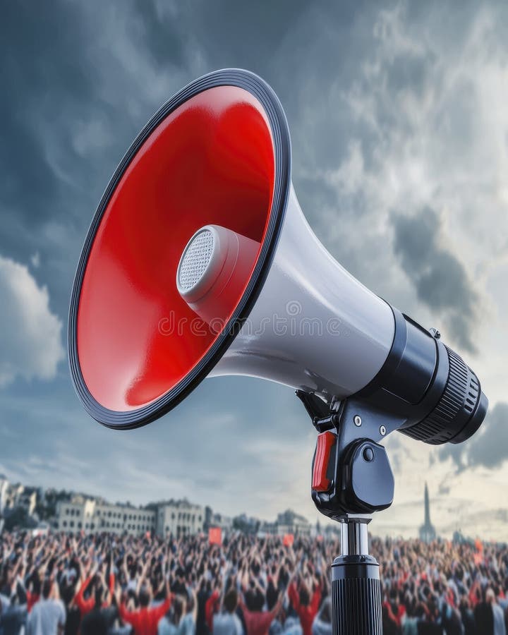 Red and White Megaphone before a Large Crowd Under a Dramatic Sky Stock ...