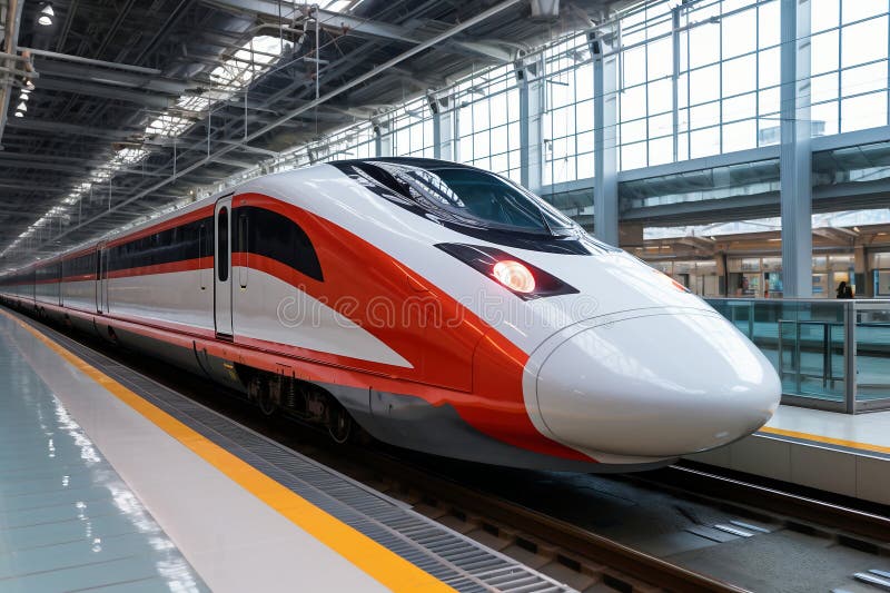 Red and White Modern High-speed Train on a Railway Platform. Boarding ...