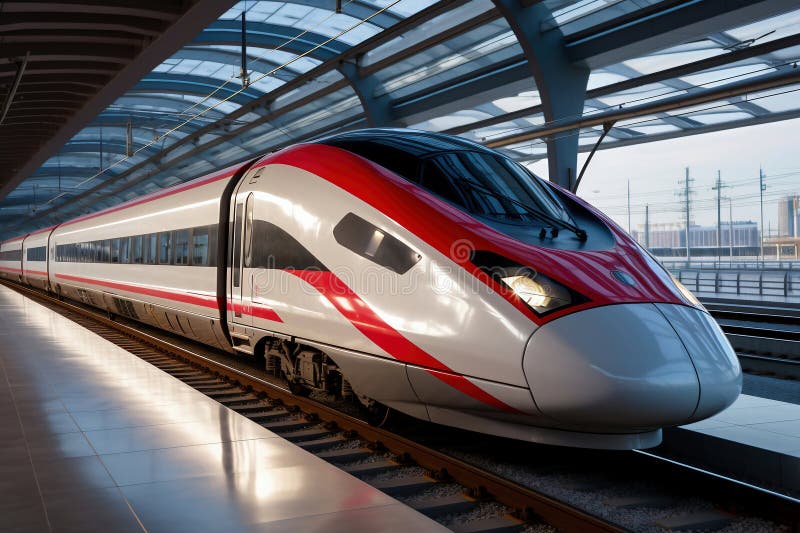 Red and White Modern High-speed Train on a Railway Platform. Boarding ...