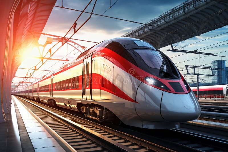 Red and White Modern High-speed Train on a Railway Platform. Boarding ...