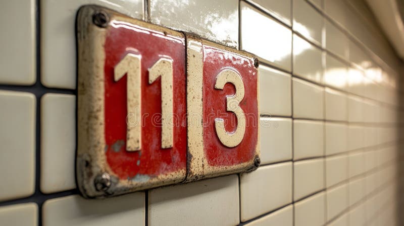 Red and White Numbers on Tiled Subway Wall. Stock Image - Image of ...