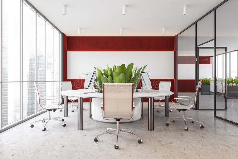 Red and White Open Space Office Interior Stock Illustration ...