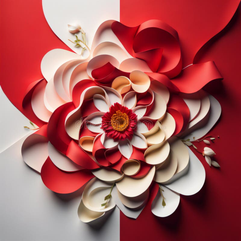 Red and White Paper Flower with Satin Ribbon. Generative Ai Stock ...