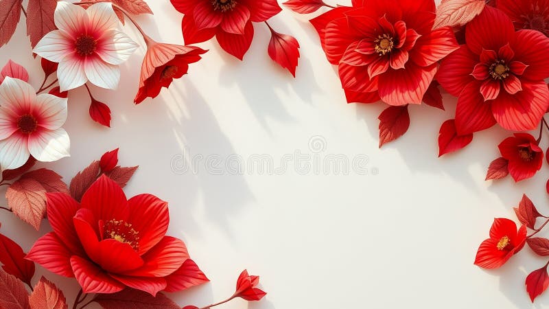Red and White Paper Flowers Create a Vibrant Border on a White ...