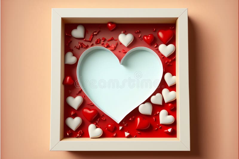 Red and White Paper Hearts Inside Square Frame. 3D Render Love or ...