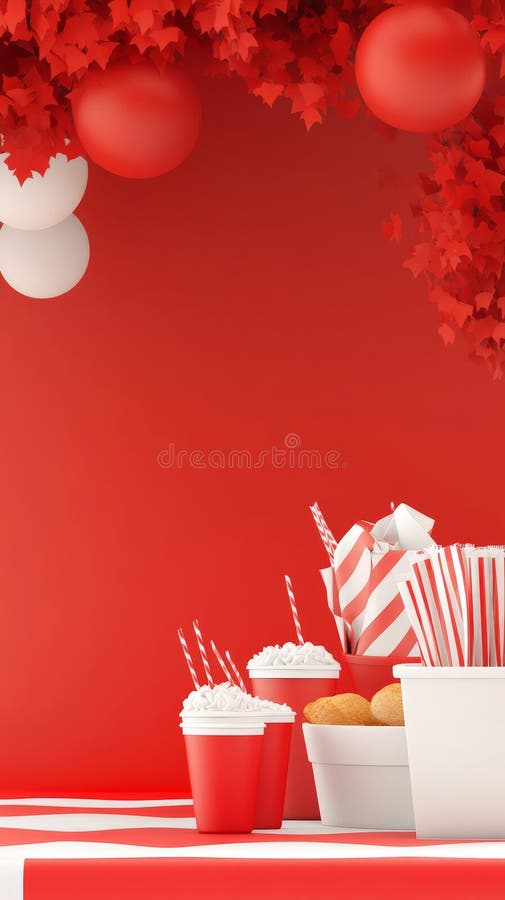Red and White Party Decorations with Balloons, Cups, Popcorn, and ...