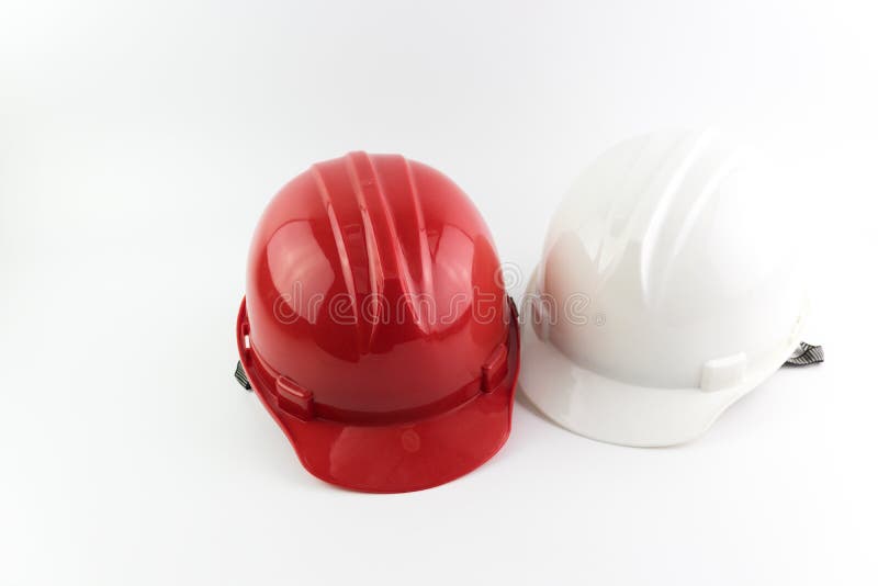 Red and White Plastic Helmets of Engineer Stock Photo - Image of ...
