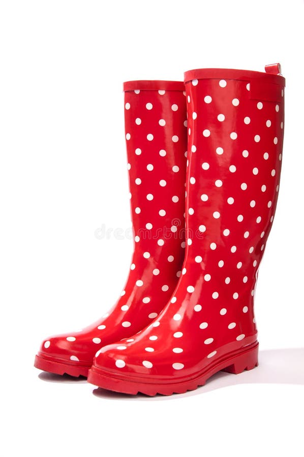 Red and White Polka Dot Gumboots Facing at an Angle Sideways Stock ...