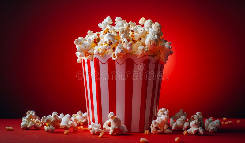 A Red and White Popcorn Bucket is Filled with Popcorn Stock Photo ...