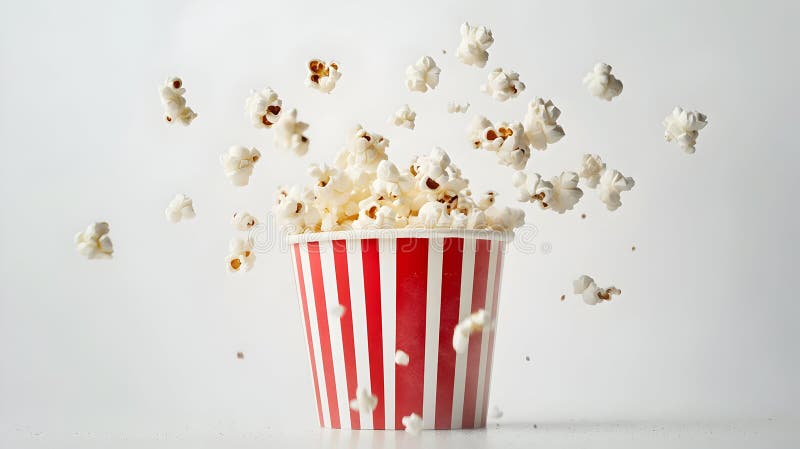 Red and White Popcorn Bucket with Flying Popcorn Kernels Stock ...