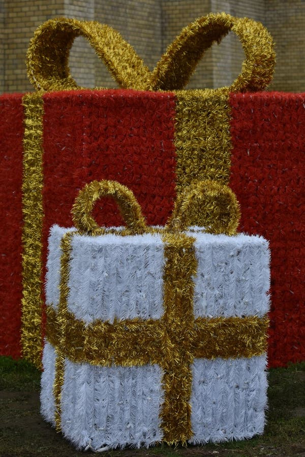 Red and White Present Box in a Christmas Setting Street Decoration ...