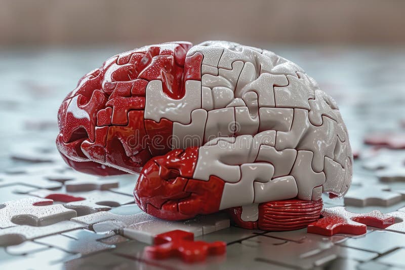 A Red and White Puzzle Piece Brain on a Jigsaw Table, AI Stock ...