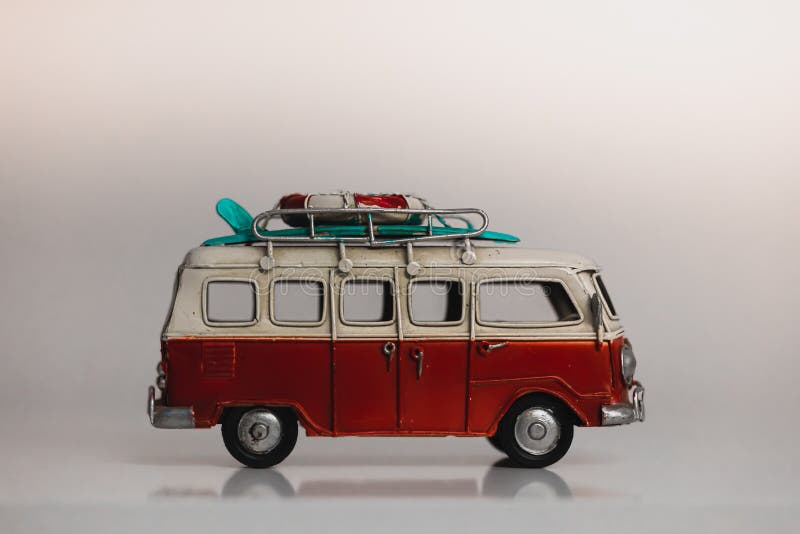 Red and White Retro Minivan Toy Model Isolated on White Stock Photo ...