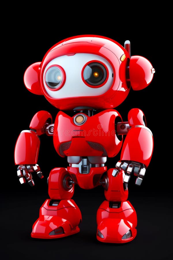 Red and White Robot with Big Eyes on Black Background with Black ...