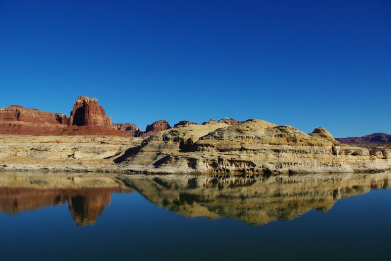 Red and White Rock Reflection in Colorado River Near Hite, Utah Stock ...