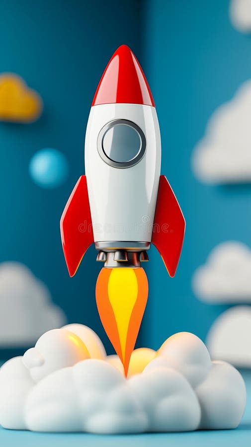 A Red and White Rocket Flying through the Sky with Clouds Stock ...