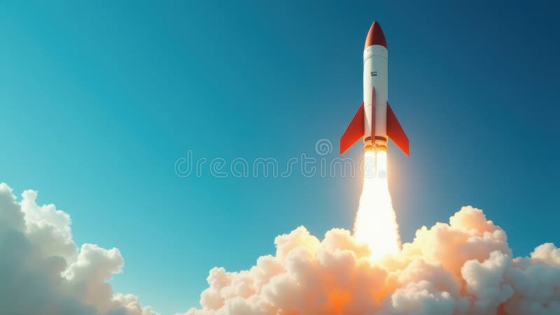 Red and White Rocket is Flying through the Sky Stock Photo - Image of ...