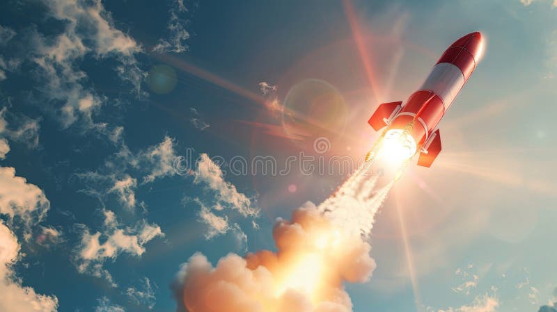 Red and White Rocket Flying through the Sky Stock Photo - Image of ...
